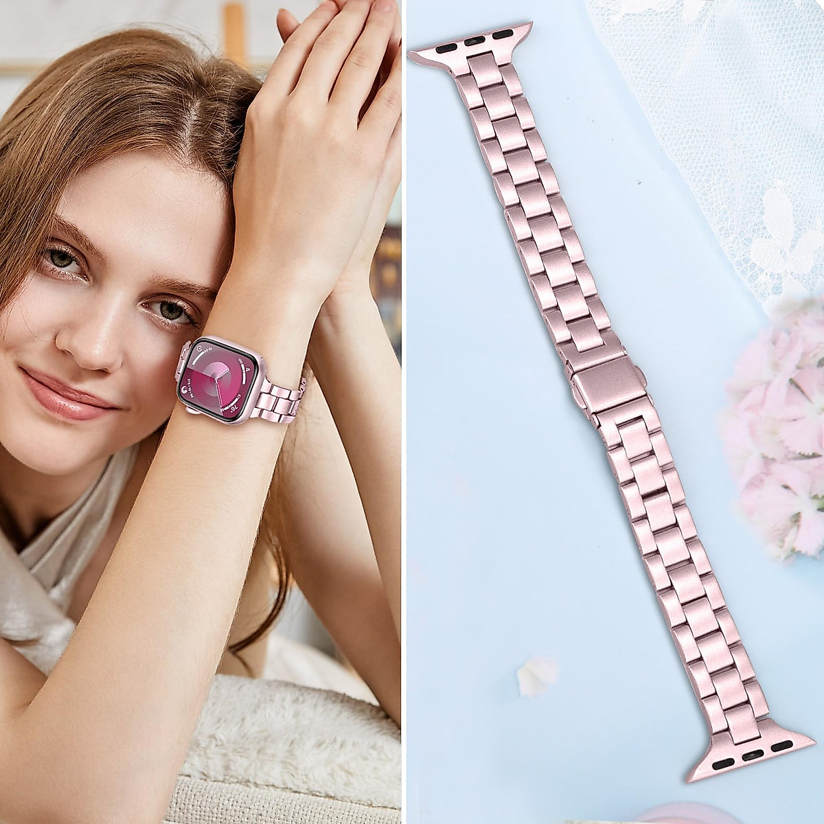 TRUMiRR Band for Apple Watch Series 9 41mm Pink Women, Slim Stainless Steel Watchband Feminine Strap Replacement for iWatch SE Series 9 8 7 6 5 4 3 2 1 41mm 40mm 38mm