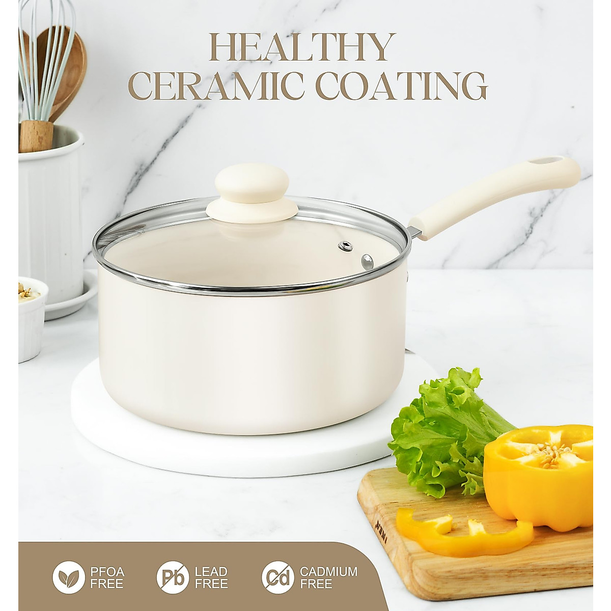 MICHELANGELO Sauce Pan With Lid, 3QT Ceramic Saucepans, Nonstick Saucepan, PFAS-FREE Pot, Small Pots For Cooking, Multipurpose Cooking Pots, White