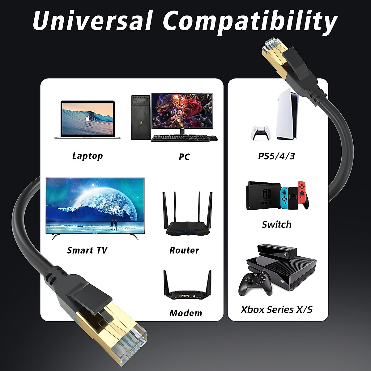 Cat 8 Ethernet Cable, 6FT High Speed Heavy Duty 26AWG Cat8 LAN Network Cable 40Gbps, 2000Mhz with Gold Plated RJ45 Connector, Outdoor&Indoor Internet Cable Compatible for Router Gaming Modem Xbox