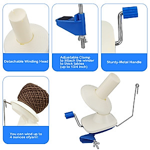 LAMXD Needlecraft Yarn Ball Winder Hand Operated,Capacity 4-Ounce,Blue,Portable Package,Easy to Set Up and Use,Sturdy with Metal Handle and Tabletop Clamp,Including 8 Sizes Crochet Hooks Set