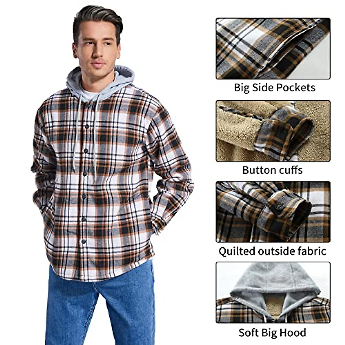 Derbars Men's Sherpa Lined Winter Jackets Warm Camp Hooded Flannel Shirt for Men Khaki Medium