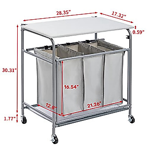 ALIMORDEN Laundry Sorter Cart Heavy Duty 3 Bags Classic Rolling Side pull Laundry Hamper Sorter with Ironing Board and 4 Wheels Grey