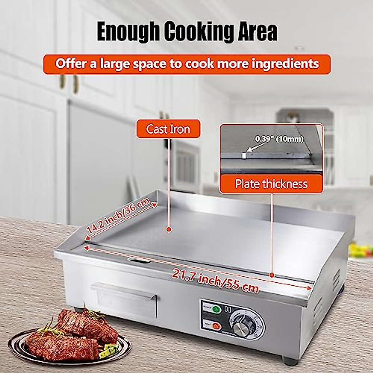 ExGizmo 22" Commercial Electric Griddle,Electric Countertop Flat Top Griddle,110V 1600W Electric Flat Top Grill,Non-Stick Restaurant Teppanyaki Stainless Steel Grill,Adjustable Temperature Control