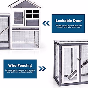 Tangkula Rabbit Hutch, Indoor Outdoor Bunny Cage with Run, Wooden Rabbit Cage with Waterproof Roof & Pull Out Tray, Chicken Coop Pet House for Rabbits, Chicken and Guinea Pigs (Gray)