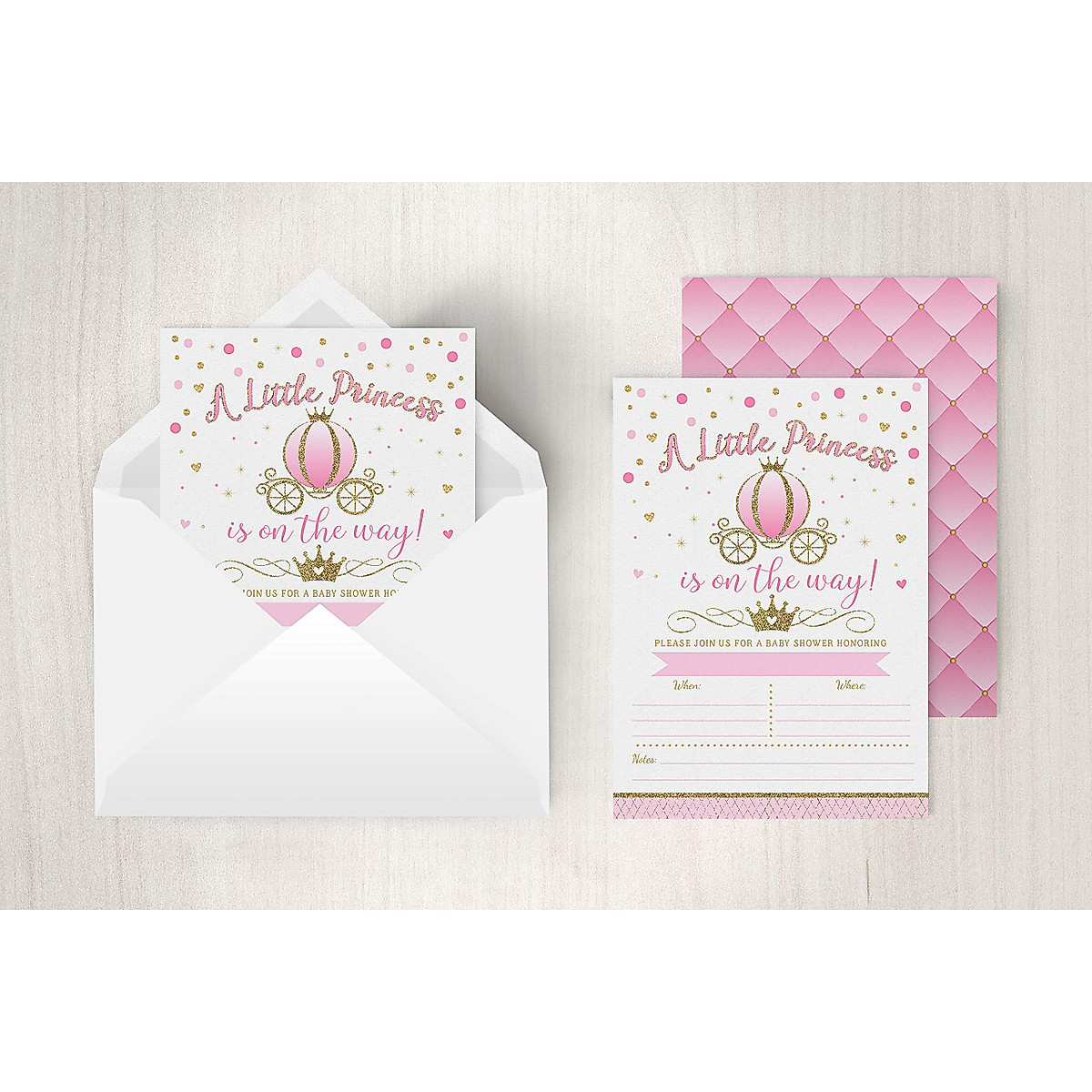 Your Main Event Prints Princess Baby Shower Invitation, Royal Pink and Gold Carriage Baby Sprinkle, 20 Fill in Invitations and Envelopes