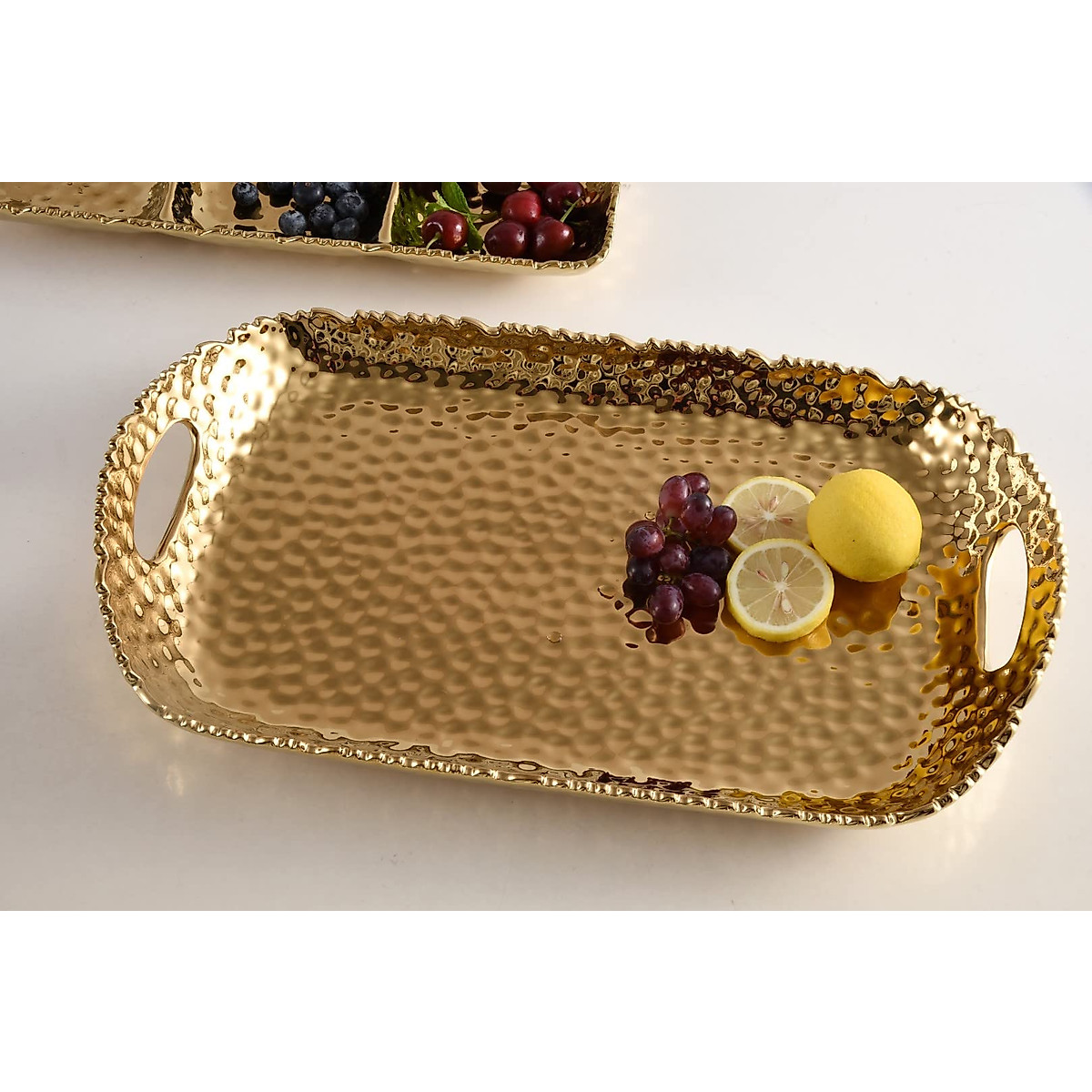 Pampa Bay Golden Millenium Titanium-Plated Porcelain Rectangular Tray with Handles, 19 X 11.5 X 3in