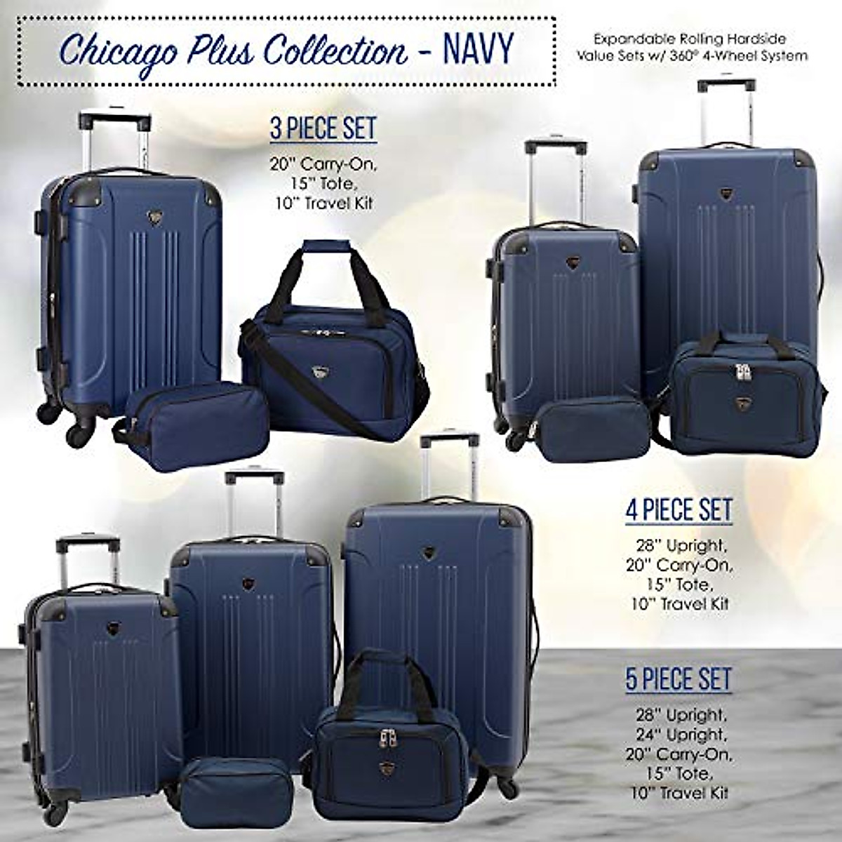 Travelers Club Chicago Hardside Expandable Spinner Luggages, Navy Blue, 5 Piece Set, TCL-77995-410