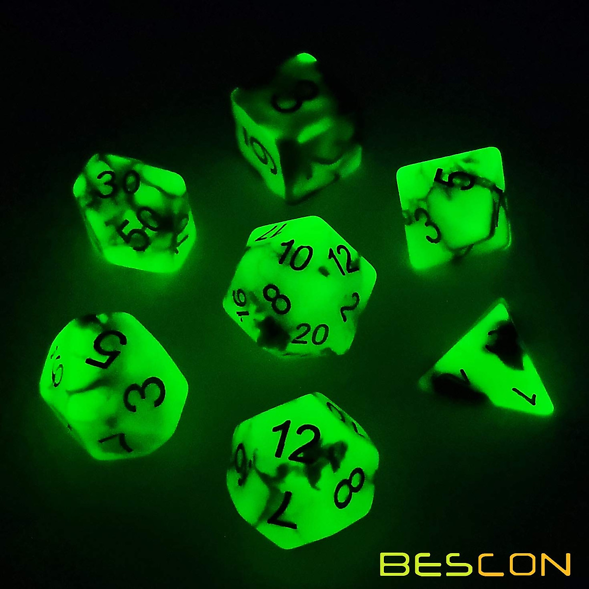 Bescon Two-Tone Glow-in-The-Dark Polyhedral Dice Set Spooky Rocks, Luminous RPG Dice Set d4 d6 d8 d10 d12 d20 d% Brick Box Pack