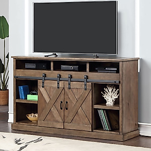 Bridgevine Home Rustic Farmhouse Fireplace TV Stand, 66 Inches, Accommodates TVs up to 80 inches, Fully Assembled, Knotty Alder Solid Wood, Barnwood Finish