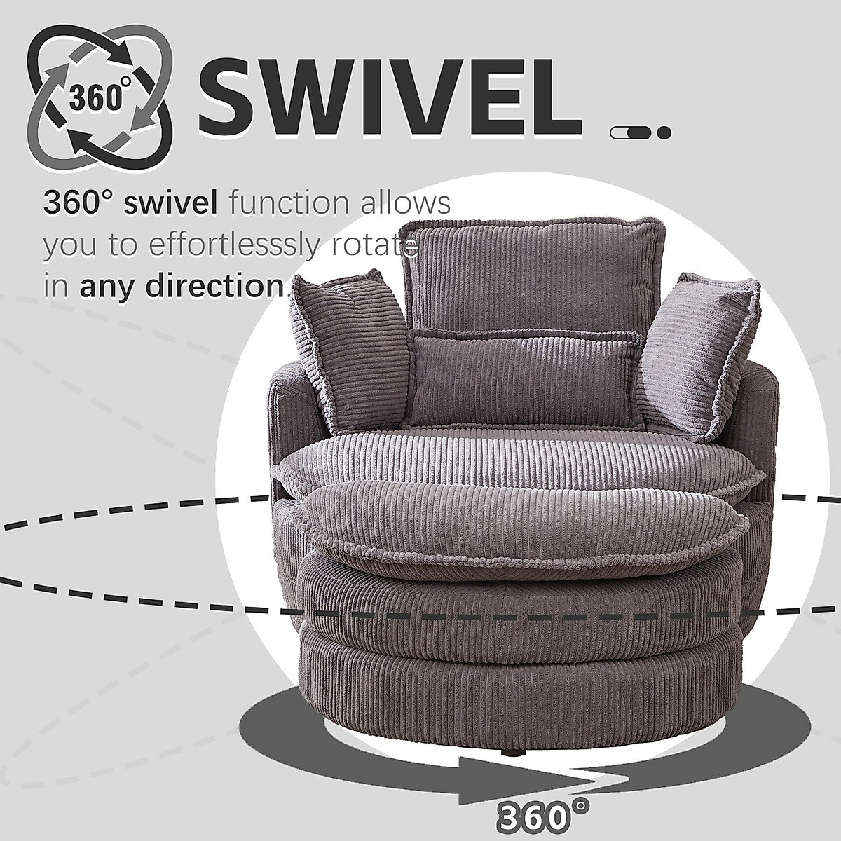 38"W Oversized Cuddle Sofa Chair Lounger with moon storage ottoman, Modern Accent Round Loveseat Circle Swivel Barrel Chairs, Swivel Chair Armchair for Bedroom, Living Room, 4 Pillows, CORDUROY(Grey)