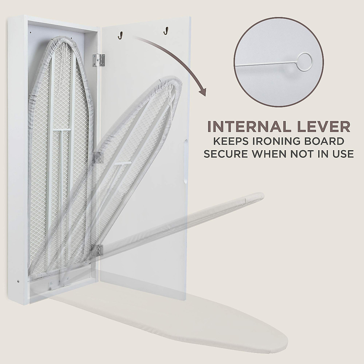 Ivation Wall-Mounted Ironing Board Cabinet with Mirror, Foldable Ironing Storage Station for Home, Apartment, Easy-Release Lever, Garment Hooks, White