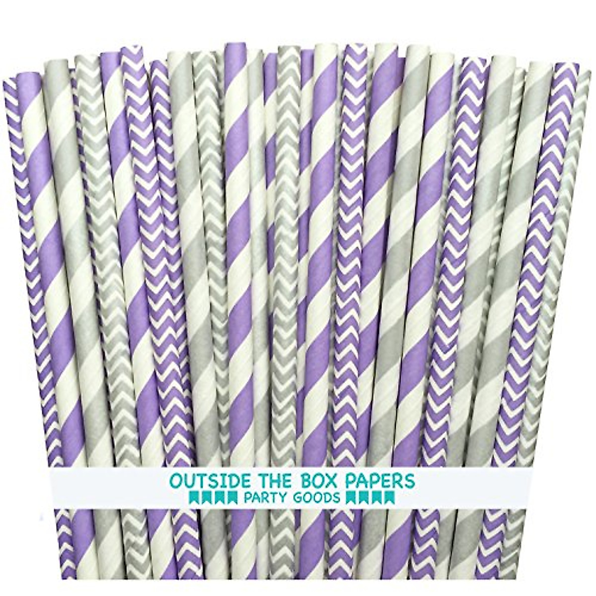 Outside the Box Papers Lavender/Lilac and Silver Stripe and Chevron Paper Straws 7.75 Inches 100 Pack Lilac, White
