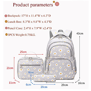 YJMKOI 3Pcs Daisy Prints Backpack for Girls Middle-School Elementary Students Bookbag Set with Lunch Box (Grey)