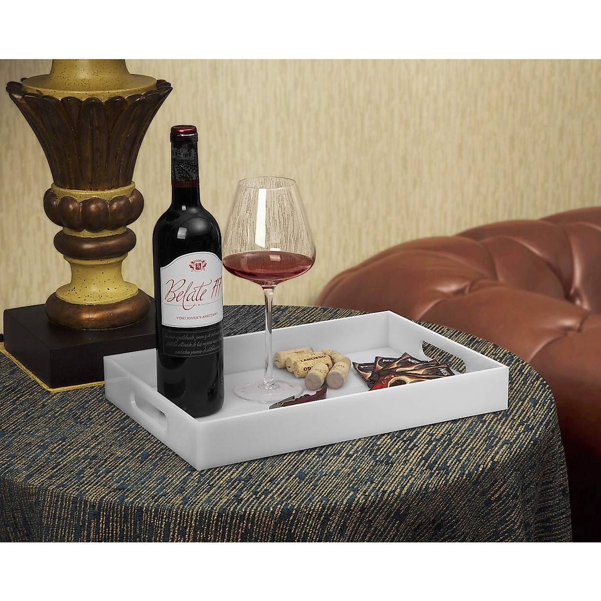 KEVLANG Glossy White Sturdy Acrylic Serving Tray with Handles-10x15Inch-Serving Coffee Appetizer Breakfast Butler-Kitchen Countertop-Makeup Drawer Organizer-Vanity Table Tray-Ottoman Tray