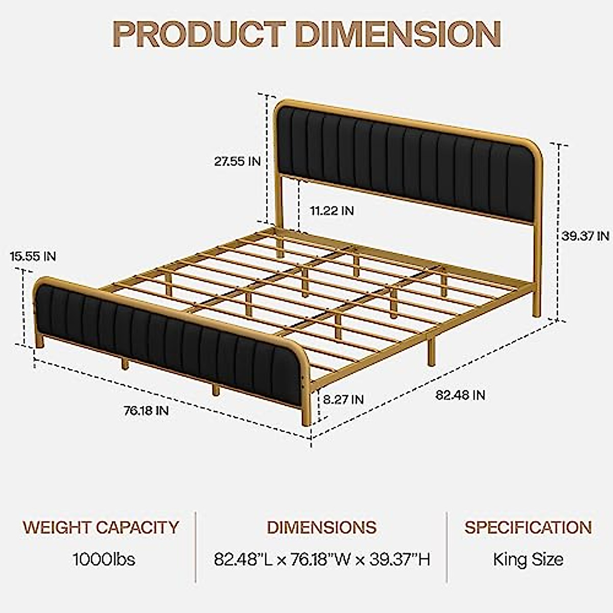 DOGIBIXO Gold Bed Frame King Size with LED Lights, Black Upholstered Bed Frame with Tufted Headboard and Footboard, Metal Slats Support, Noise-Free, No Box Spring Needed
