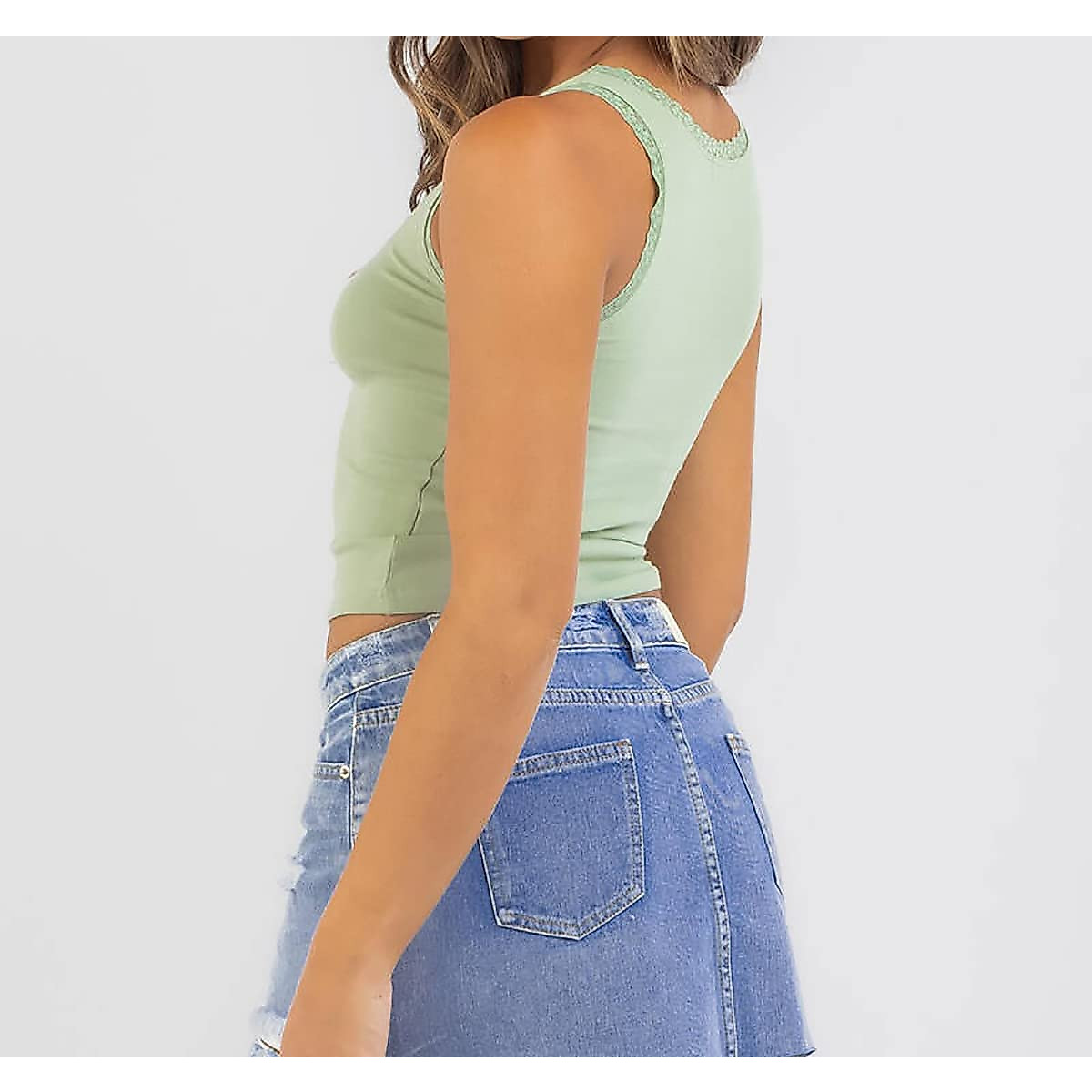 Meladyan Women Scoop Neck Lace Trim Crop Tank Top Patchwork Square Neck Sleeveless Solid Slim Casual Cropped Cami Vest Tops Green