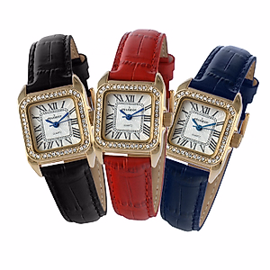 Peugeot Women's 14K Gold-Plated Tank Crystal Bezel Roman Numeral Blue Leather Band Watch 3052BL