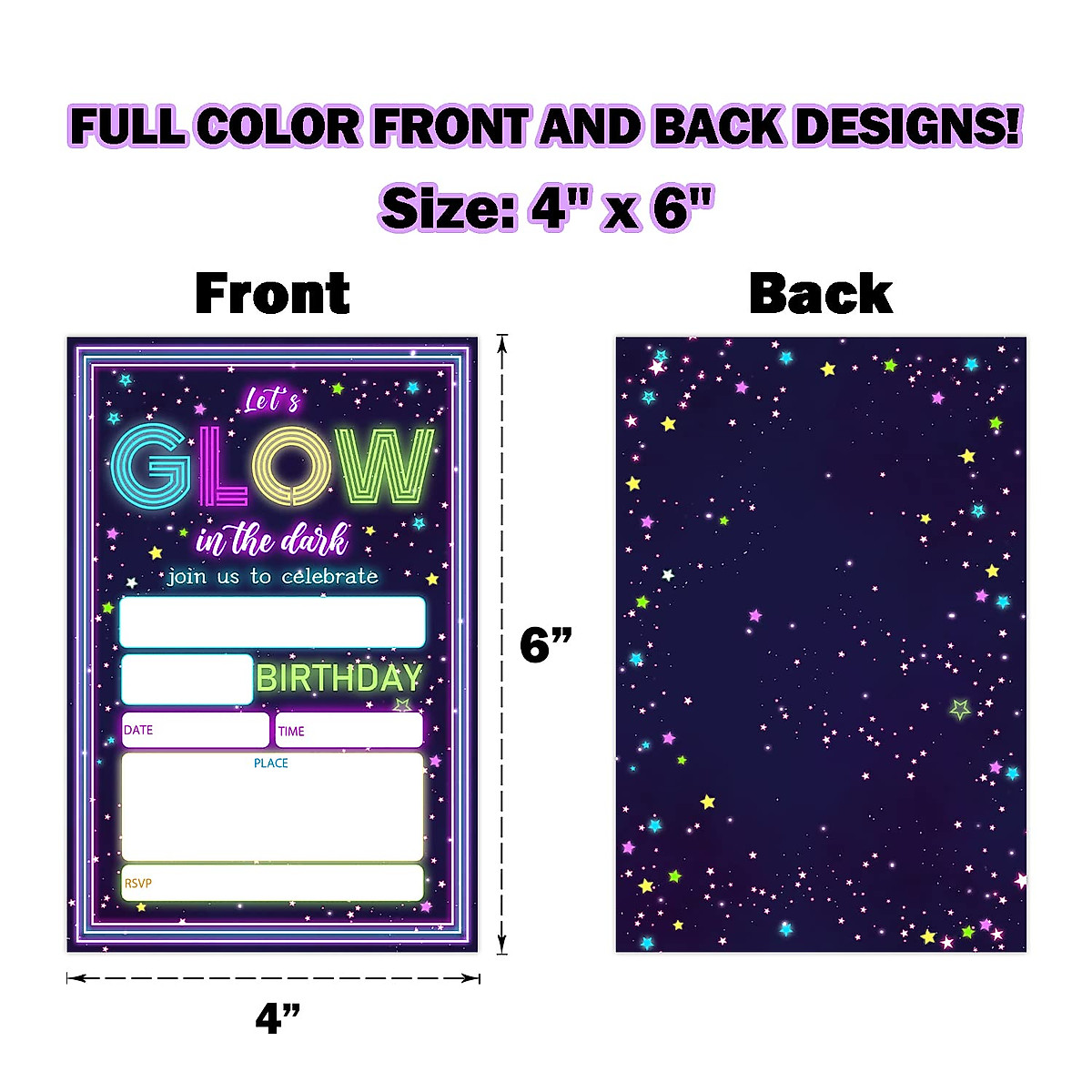 Glow Birthday Party Invitations, Glow in The Dark Birthday Party Invitation for Girls Boys Kids, Neon Glow Birthday Invitations, Glow Birthday Invites (20 Sets 4" x 6" Cards with Envelopes) - JY516