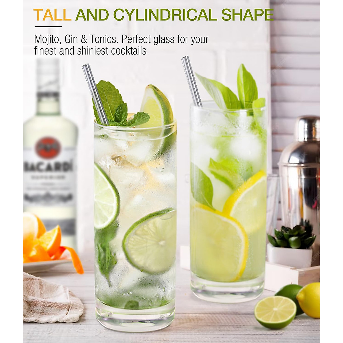 LUNA & MANTHA Highball Glasses Set of 4, 13oz Drinking Glasses Lead-Free Crystal Tall Water Glasses for Mojito, Tom Collins, Iced Tea, Gin & Tonics, Home Bar, Birthdays, Housewarming Gift, Clear