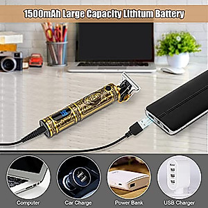 Hair Clippers for Men, oupool Professional Cordless Hair Trimmer - Electric T-Blade Beard Trimmer Shaver Edgers Zero Gapped Mens Grooming Kit Rechargeable LCD Hair Cutting Kit - Gifts for Men(Gold)