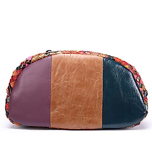 MASIWEI Genuine Leather Patchwork Backpack Purse for Women Multicolor Cute Large Capacity Bookbag with Drawstring Design