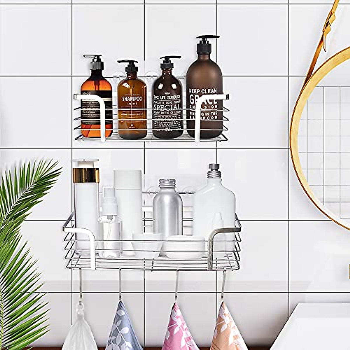 Shower Caddy Basket Shelf, Wall Mounted Bathroom Shower Storage Organizer with 4 Hooks, SUS304 Stainless Steel Adhesive Shower Shelf for Bathrooms, Toilets, Shower Room, Kitchen - 2 Pack