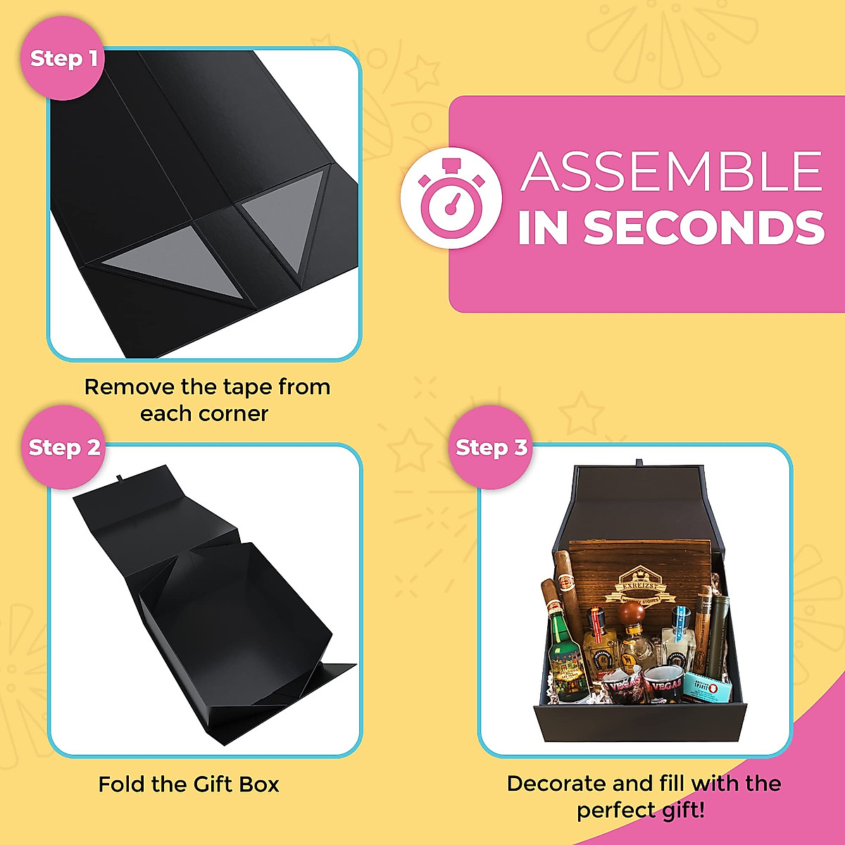 kiniu Black Gift Box with Lid 9.25x9.25x3.75 Inches - Square Collapsible Magnetic Closure Box for Gifts, Groomsman Box, Bridesmaid Proposal Boxes, Wedding, Birthday, Christmas (Black)