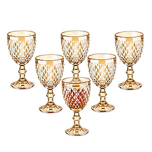 Vintage Wine Glasses Set of 6, 10 Ounce Colored Glass Water Goblets, Unique Embossed Pattern High Clear Stemmed Glassware Wedding Party Bar Drinking Cups Diamond Golden Amber