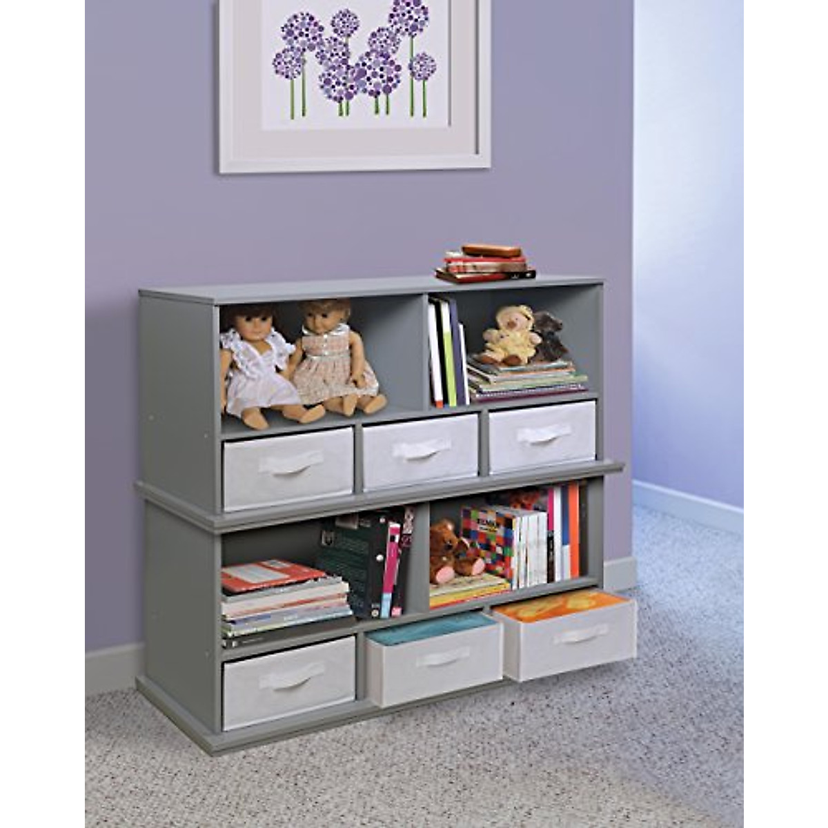 Stackable 5 Shelf Storage Organizing Cubby with 3 Fabric Baskets