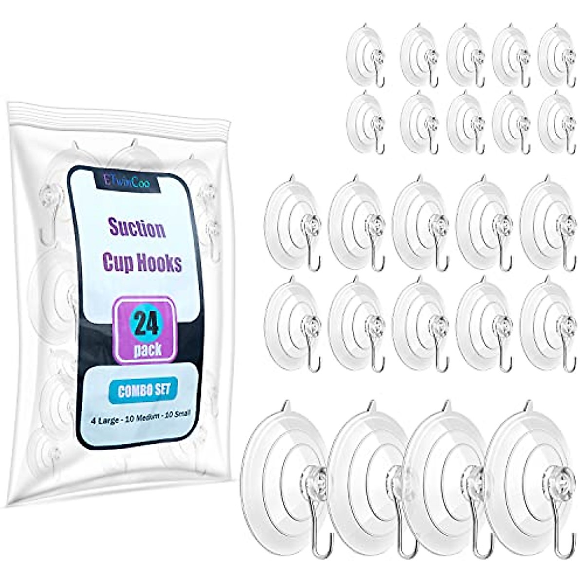 ETwinCoo 24 Pack All-Purpose Suction Cups Hooks Combo Set of Strongest Window Suction Cups with Hooks (4 Large, 10 Medium, 10 Small)