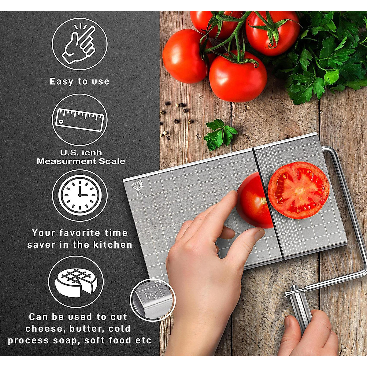 Cheese Slicer With Wire - Cheese Slicers for Block Cheese Incl. 8 Extra Wires with Accurate Size Scale On Cheese Slicer Board for Prices Cuts - Ideal Cheese Cutter with Wire for Charcuterie Boards