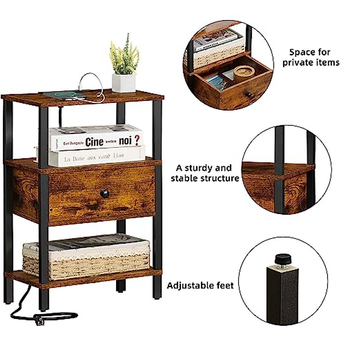 Lerliuo Nightstand with Charging Station and USB Ports, 3-Tier Storage End Table with Drawer Shelf, Night Stand for Small Spaces, Wood Bedside Table for Living Room, Bedroom - Retro Brown