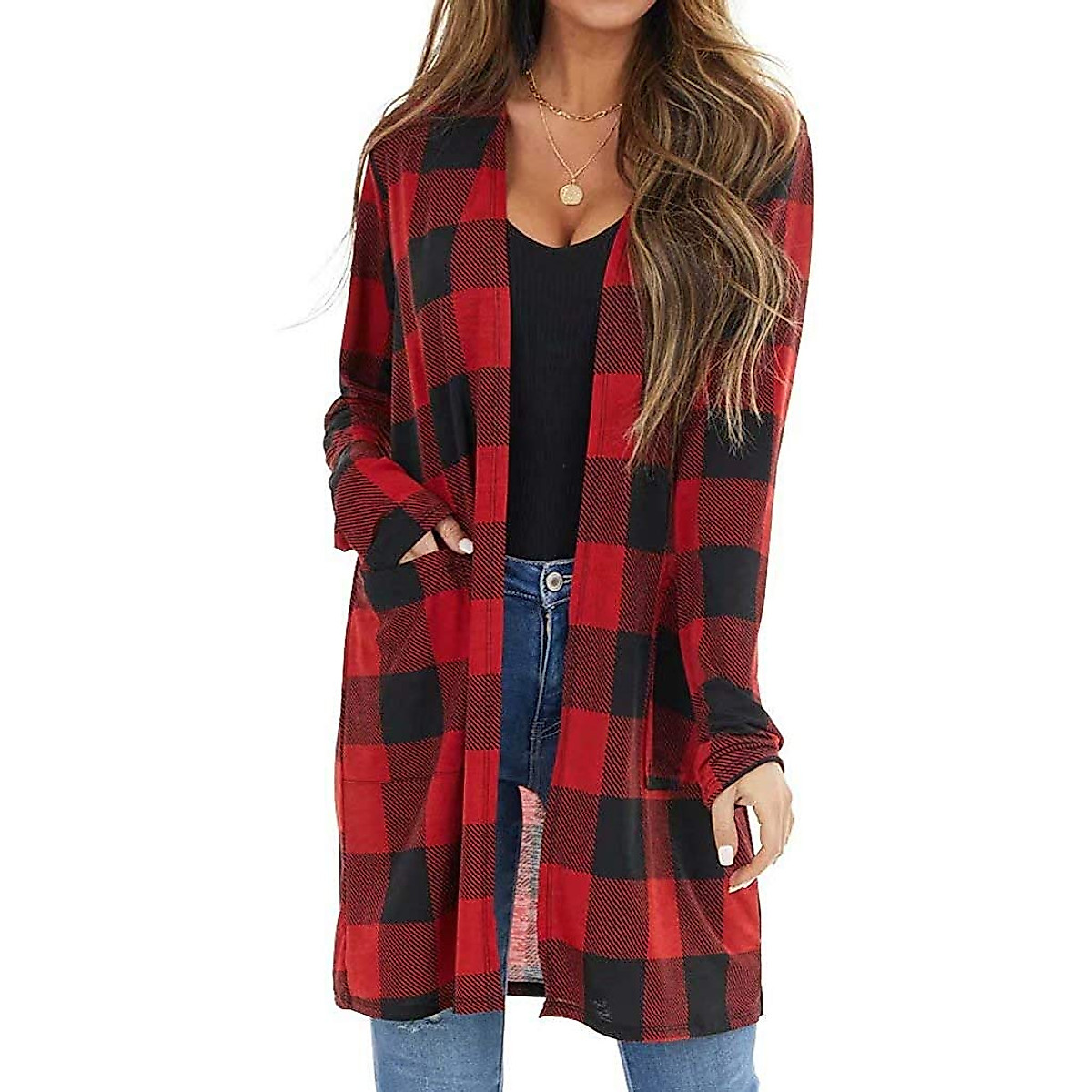 Dressmine Women's Long Sleeve Open Front Cardigan Buffalo Plaid Knitted Maxi Sweater Coat Outwear Red X_Large
