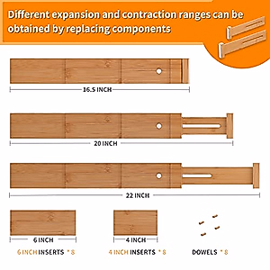 GHWIE Bamboo Drawer Dividers with Inserts, Kitchen Adjustable Drawer Organizers, Expandable Organization for Home, Office, Dressers and Bathroom,8 Dividers with 16 Inserts