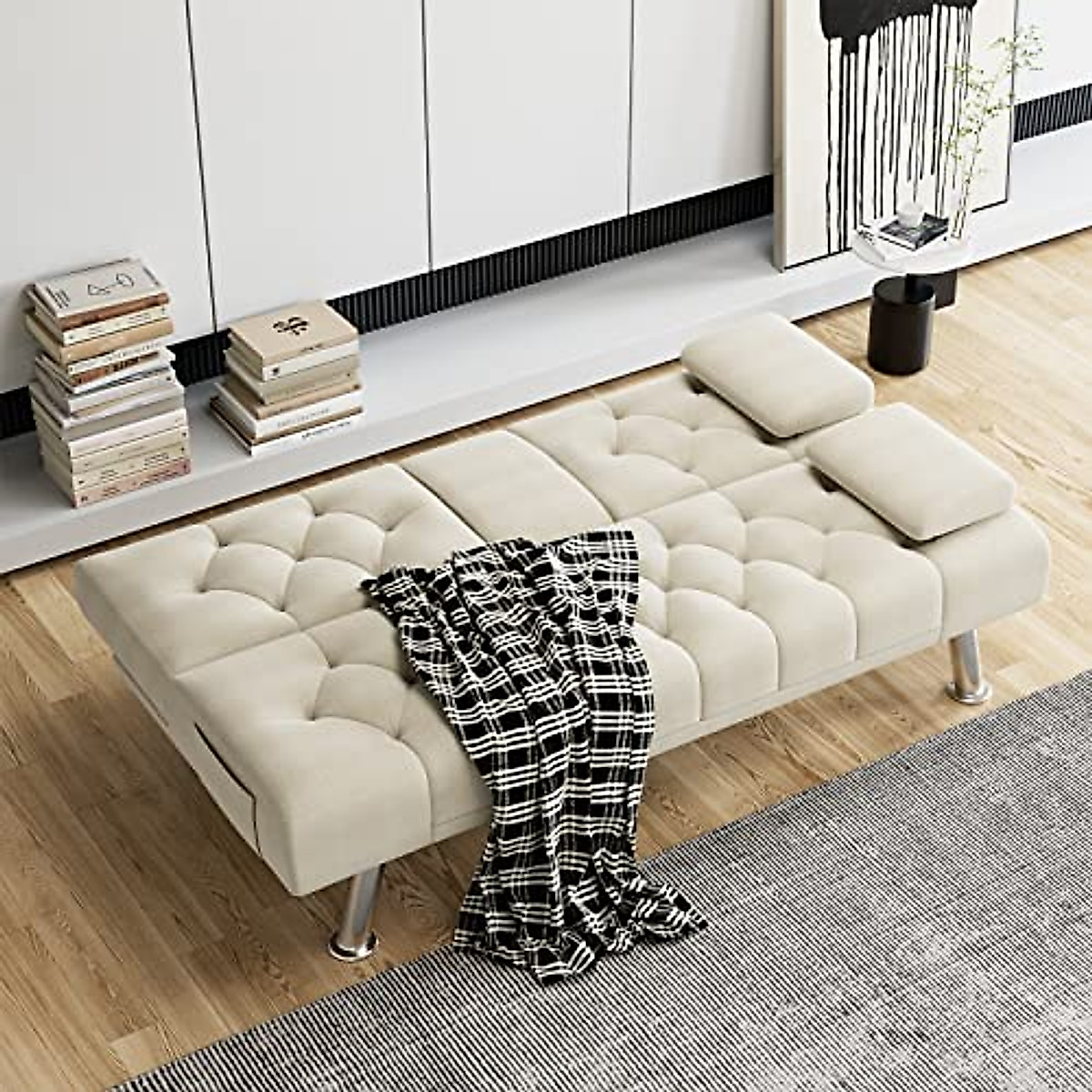 HIFIT Futon Sofa Bed, Upholstered Convertible Folding Sleeper Sofa Bed with Removable Armrests, Modern Futon Couch for Living Room, Bedroom, 2 Cupholders, Metal Legs, Beige