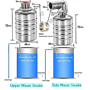 Automatic Water Level Control Valve Float Valve, 1/2" 3/4'' Auto Fill Shut off Water Tank Float Ball Valve, 304 Stainless Steel Float Valve for Water Tank (1/2''Male Thread)