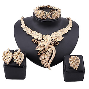 NA African Dubai Gold Jewelry Nigerian Crystal Necklace Hoop Earrings Ring Women Italian Bridal Jewelry Sets Wedding Accessories (Gold)