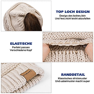 Pukavt 1 Pack Winter Hat Ponytail Beanie Hat for Women, Soft Stretch Cable Knit Messy Bun Beeanie,Trendy and Warm Beige