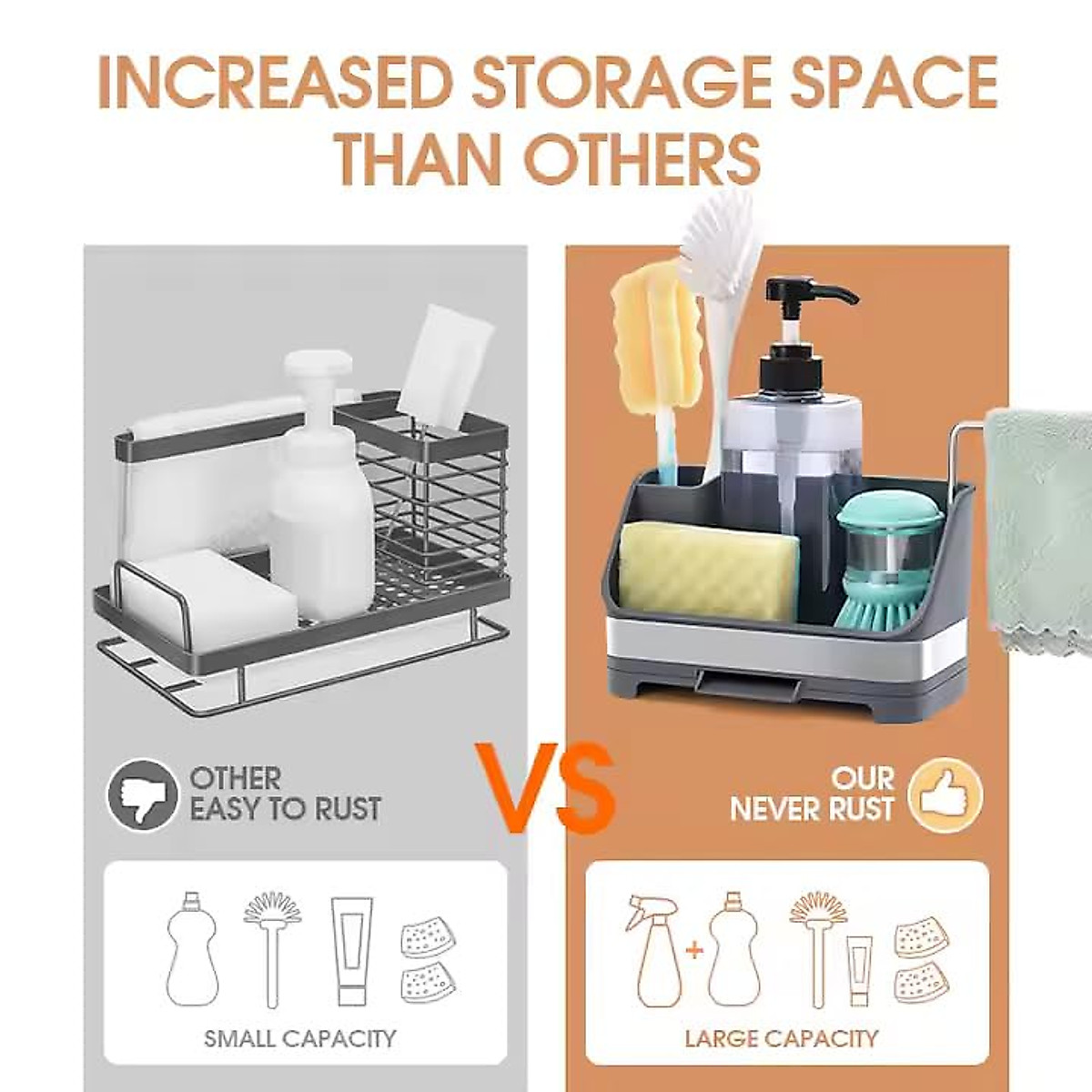 89 Oaks Sponge Holder for Kitchen Sink, Kitchen Sink Caddy with Soap Dispenser and High Brush Holder, Kitchen Sink Organizer Countertop, Rust Proof, Kitchen Organizers and Storage Essentials