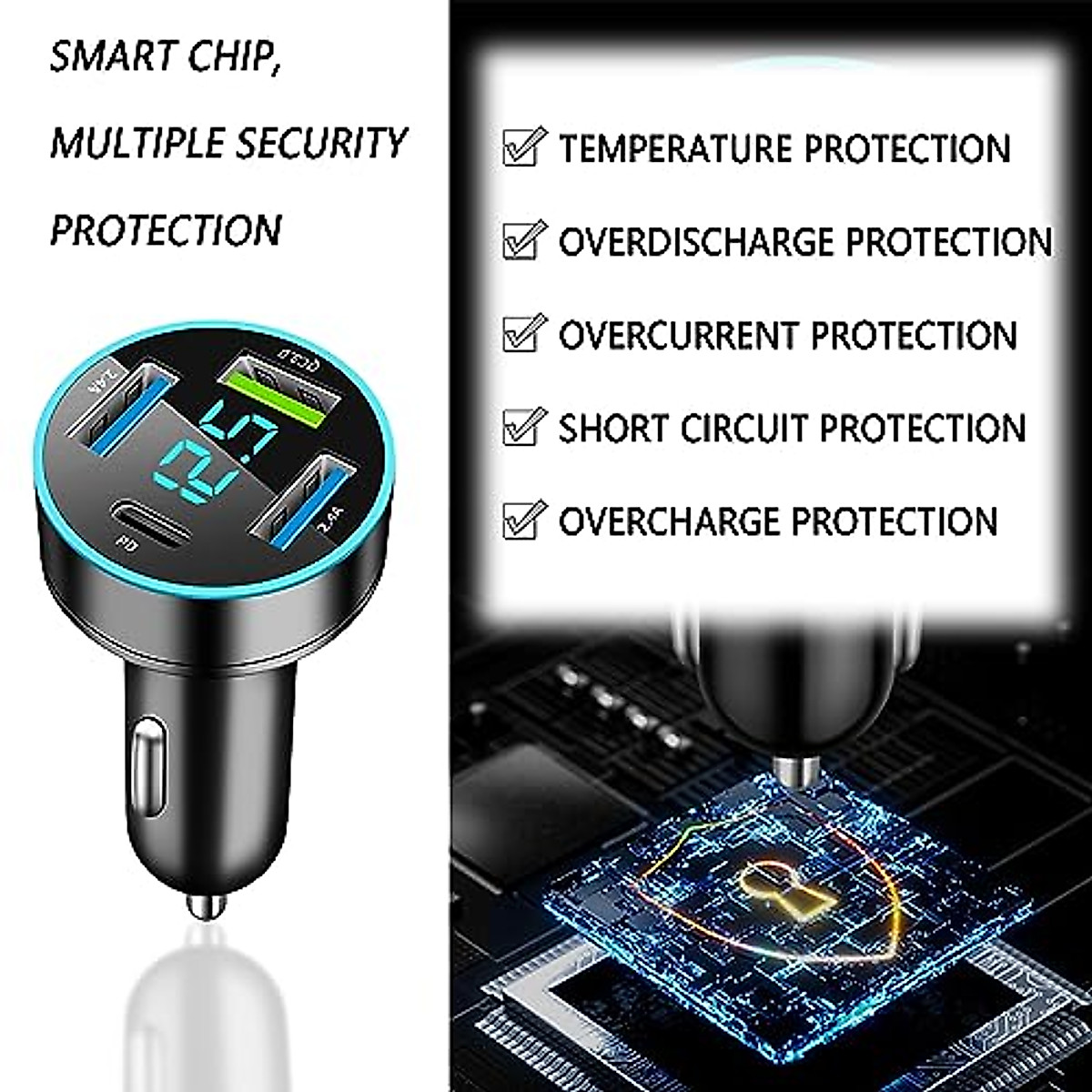 4-Port USB Car Charger,Car Charger Adapter Fast Charging Cigarette Lighter USB Charger with Blue LED,2.4A+PD+QC3.0 Ports Car Charger Adapter Compatible with iPhone/Android(QC3.0+2.4A+2.4A+PD)