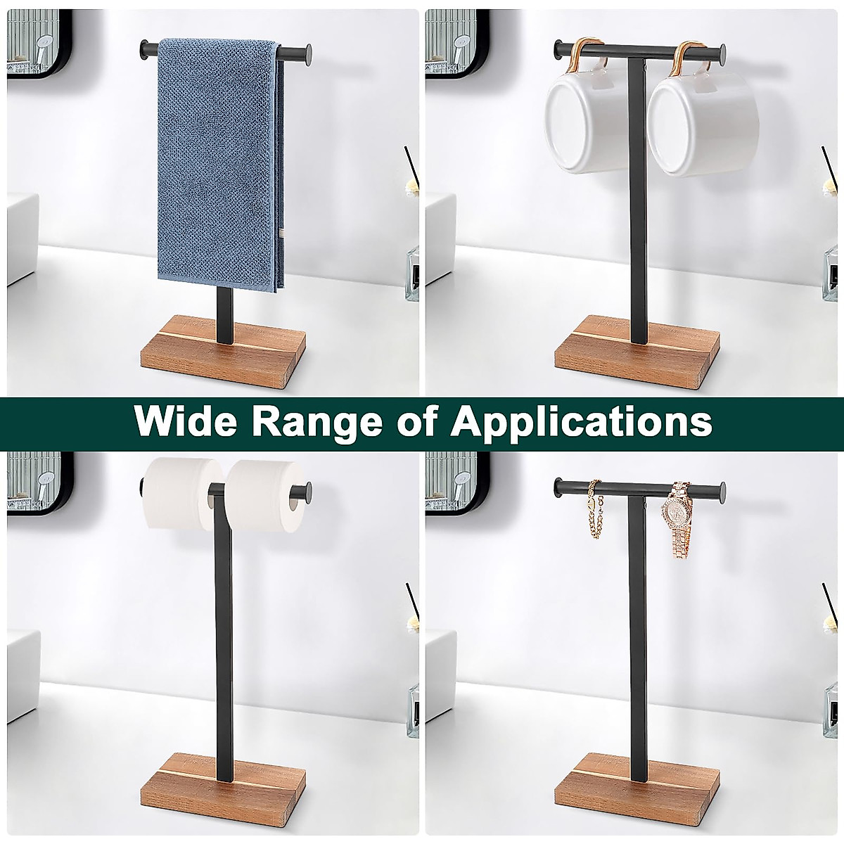 BathAce Hand Towel Holder, T-Shape Hand Towel Stand for Bathroom, Stand Hand Towel Rack Free-Standing Towel Bar for Bathroom Kitchen Countertop, Metal (14IN-Wooden Base, Black)