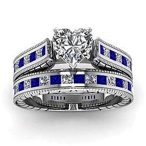 Ringcrown Blue Cz Couple Rings White Gold Filled Heart Womens Wedding Ring Sets Titanium Steel Man Wedding Band