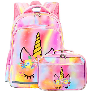 Girls Backpack for Kids Preschool Backpack with Lunch Box Kindergartern School Bookbags Set (Rainbow Unicorn)