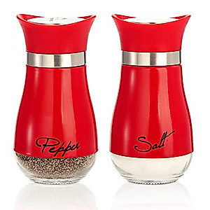 Tebery 4 Ounces Red Salt and Pepper Shakers Set, Elegant Stainless Steel with Glass Bottom