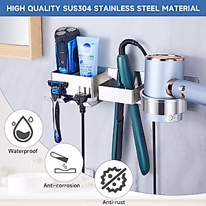 Hair Dryer Holder Wall Mounted, Hair Tool Organizer, Stainless Steel Blow Dryer Holder for Bathroom, Adhesive Hair Straightener Holder Curling Iron Holder with Plug Hook & Storage Compartment