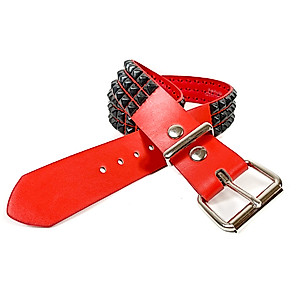 Red Three Row Black Pyramid Stud Belt Vegan Leather Punk Goth Alternative USA Made (XL)