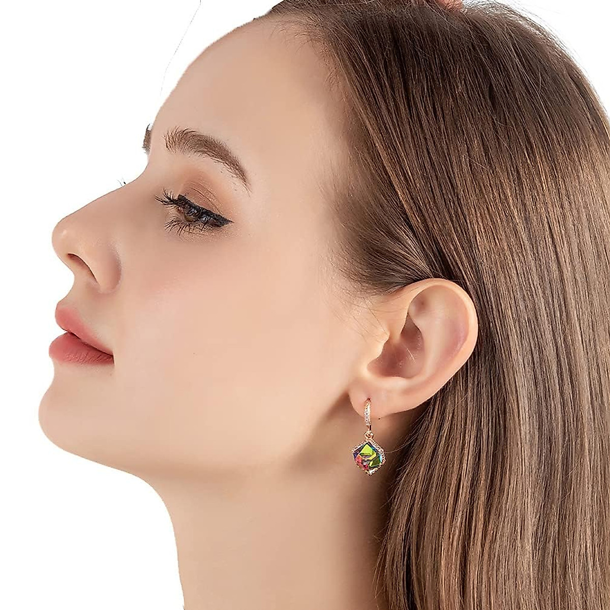 Austrian Crystal Cube Drop Dangle Earrings for Women 14K Gold Plated Hypoallergenic Jewelry (Rainbow/Rose Gold-tone)