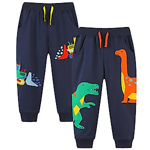 Bumeex Kids Little Toddler Boys Clothes Sweatpant Pants Cotton Jogger Sweat Pant Outfits Clothing Navy Dinosaur and Excavator 3t