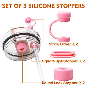 Set of 3 Silicone Spill Proof Stopper for Stanley Cup 1.0 40oz/ 30oz, Including 2 Straw Covers, 2 Stopper & 2 Leak Stopper Compatible for Stanley Adventure Quencher Travel Tumbler 40oz