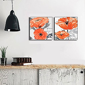 2 Pieces Orange and Gray Wall Decor Poppy Flower Canvas Art (Stretched Canvas)